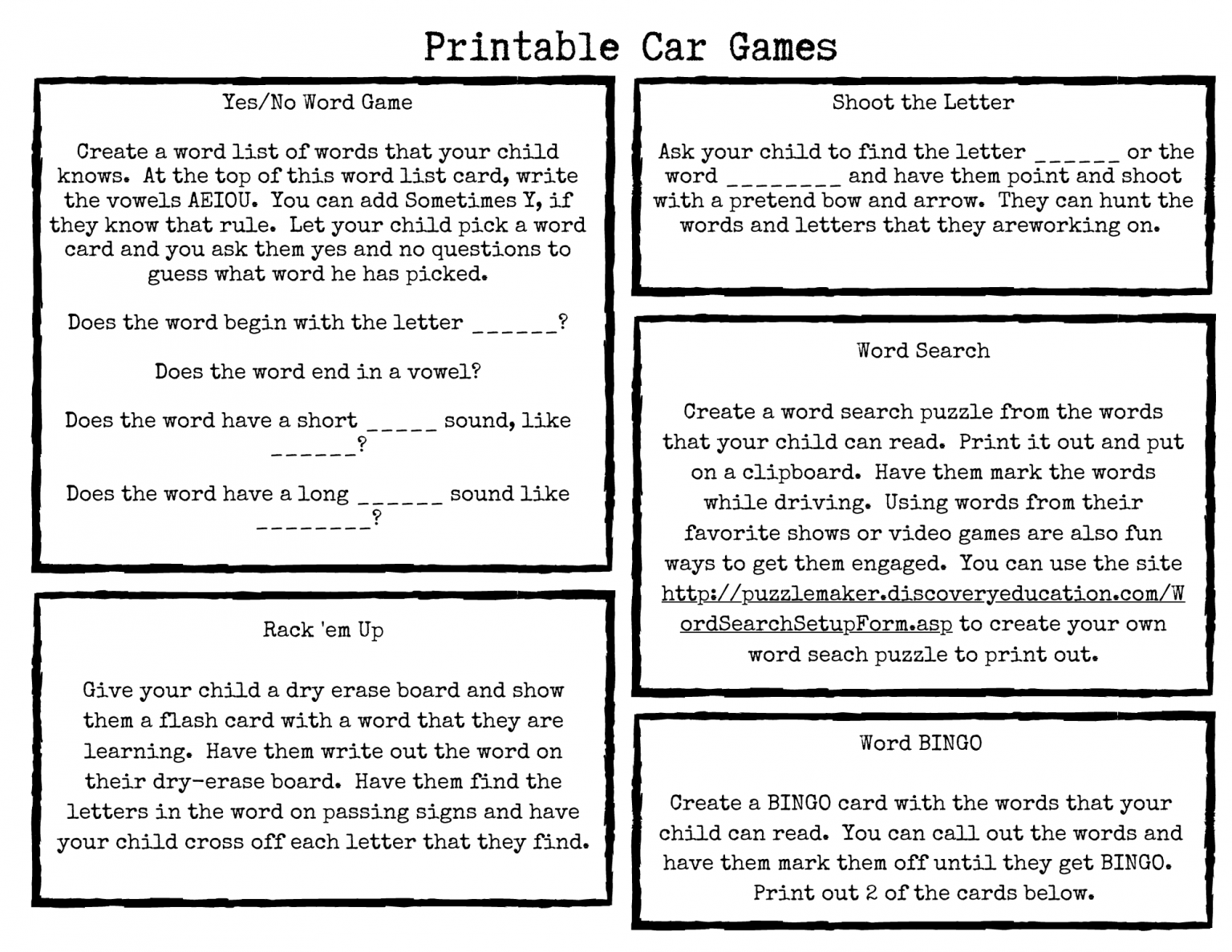Carschooling: What it is? Engaging Printable Game Cards to Start Your ...
